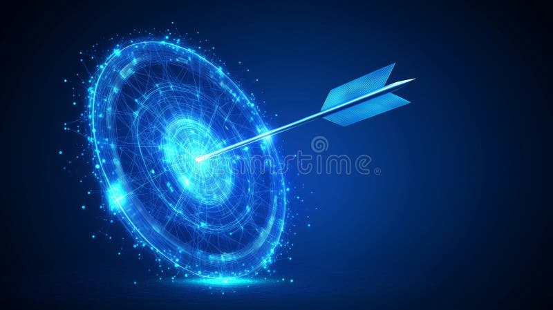 Glowing Blue Digital Target with an Arrow Striking the Center in a ...