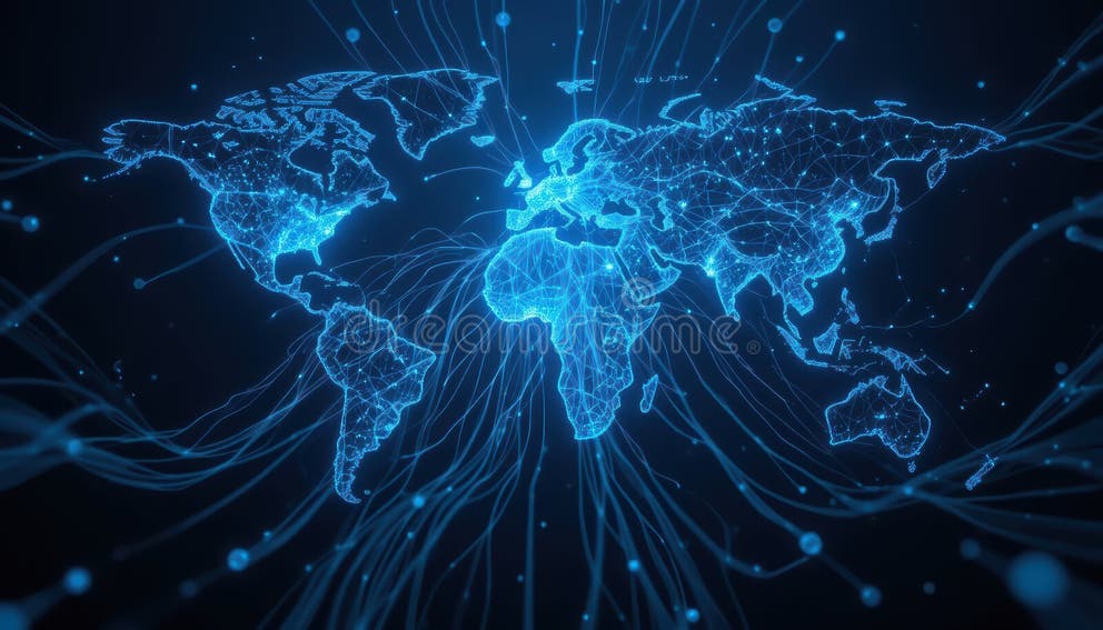 Luminous Blue Digital World Map with Flowing Data Streams Stock Image ...