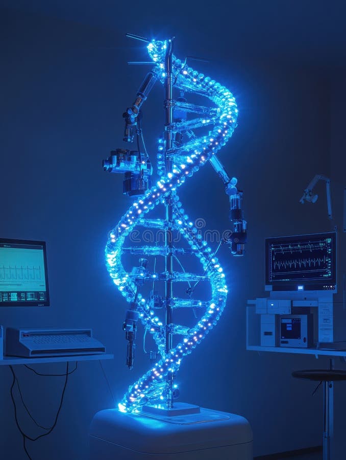 A Luminous Blue DNA Helix Stands Tall in a Laboratory, Surrounded by ...