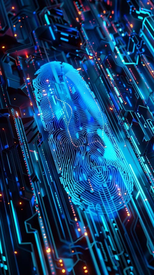 A Luminous Blue Fingerprint Overlays a Digital Circuit Board ...