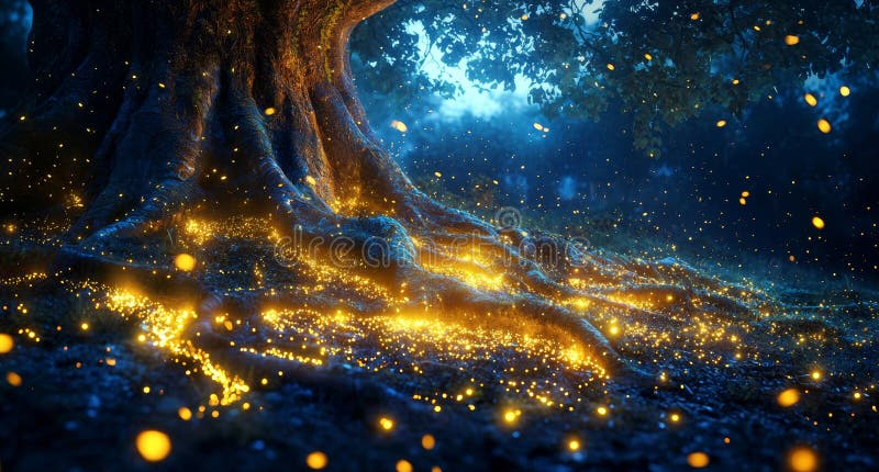 Luminous Blue Fireflies Illuminating Moss-covered Trees in a ...