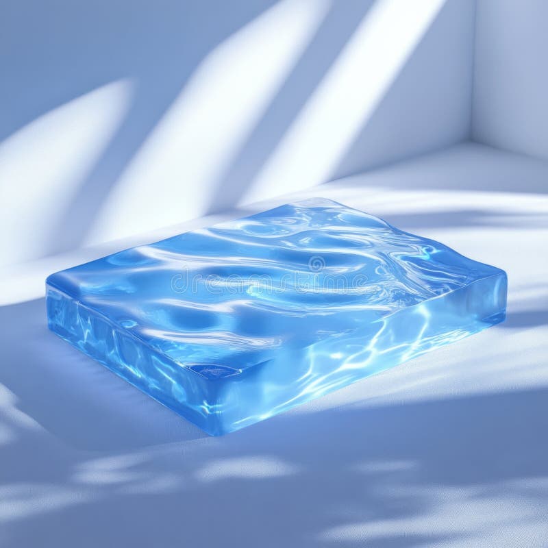 Luminous Blue Glass Block with Water Reflections in Sunlight Stock ...