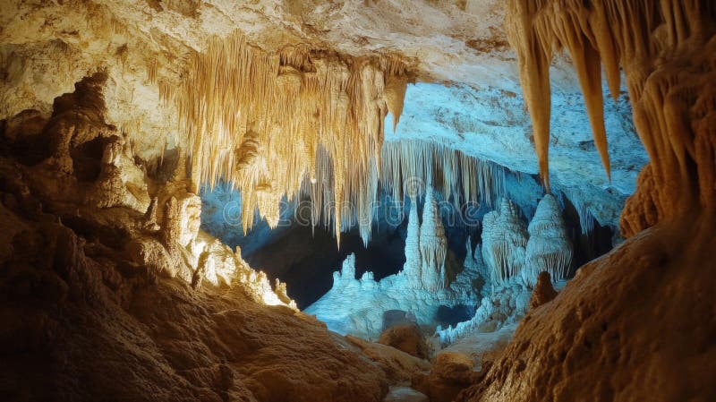 Luminous Blue and Gold Cave Formations Stock Illustration ...