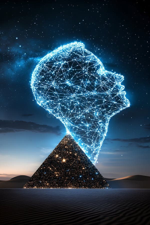 Luminous Blue Head Emerging from Pyramid in Desert Night Stock ...
