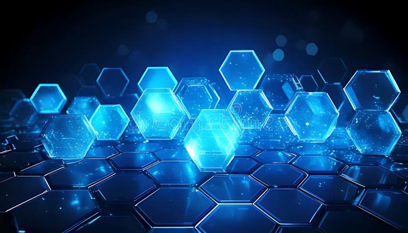 Luminous Blue Hexagonal Shapes Hover Above a Darker, Reflective ...