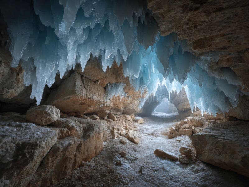 Luminous Blue Ice Cave Formations Winter Landscape Stock Illustration ...