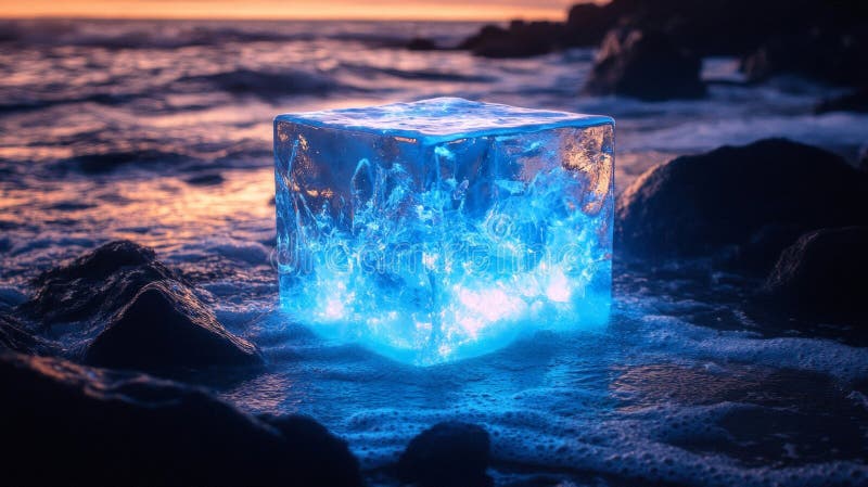 Luminous Blue Ice Cube on Rocky Seashore at Sunset Stock Illustration ...