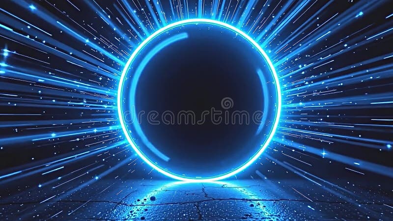 Luminous Blue Neon Light Circle, Floating on Dark Black Ground ...