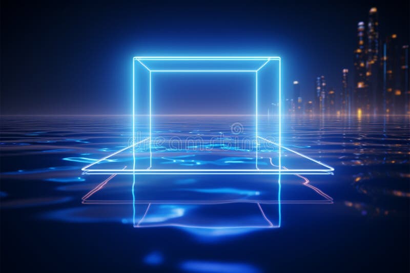 Luminous Blue Neon Square 3D Rendering Mirrored on Water Stock ...