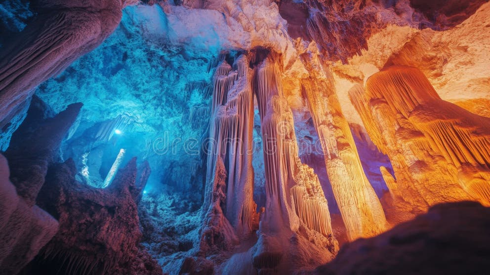 Luminous Blue and Orange Cave Formations Stock Illustration ...