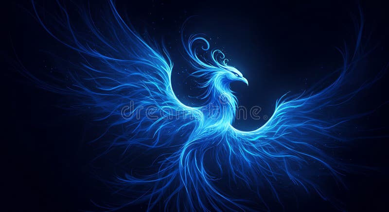 A Luminous Blue Phoenix Emerges Against a Dark Background, Its Wings ...