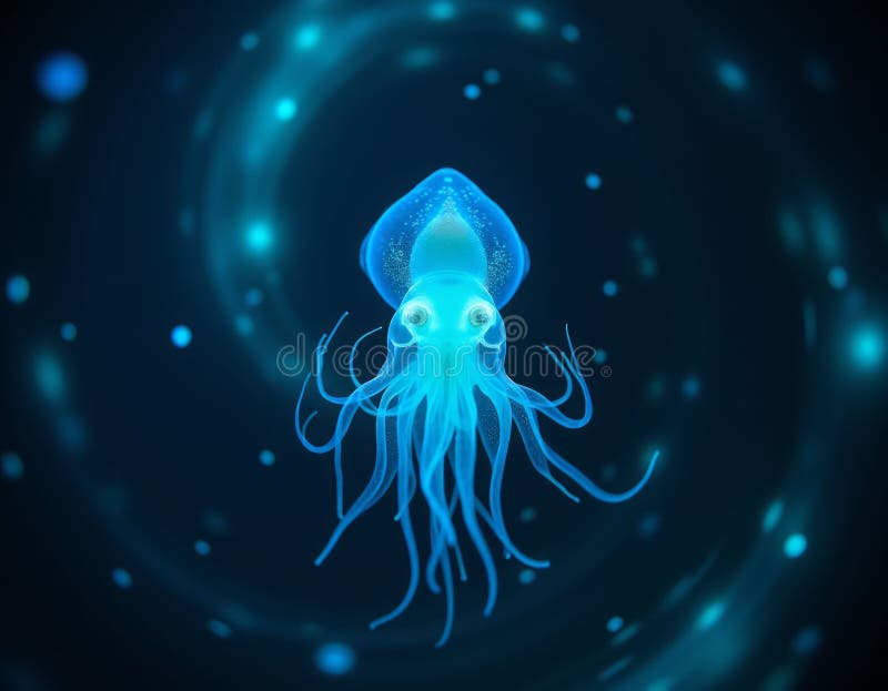 A Luminous Blue Squid Gracefully Swims in the Deep Ocean Stock ...