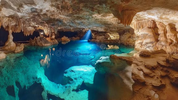 Luminous Blue Underground Cave Pool with Rock Formations Stock ...