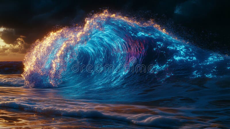 Luminous Blue Wave at Sunset, Glowing Particles Stock Illustration ...
