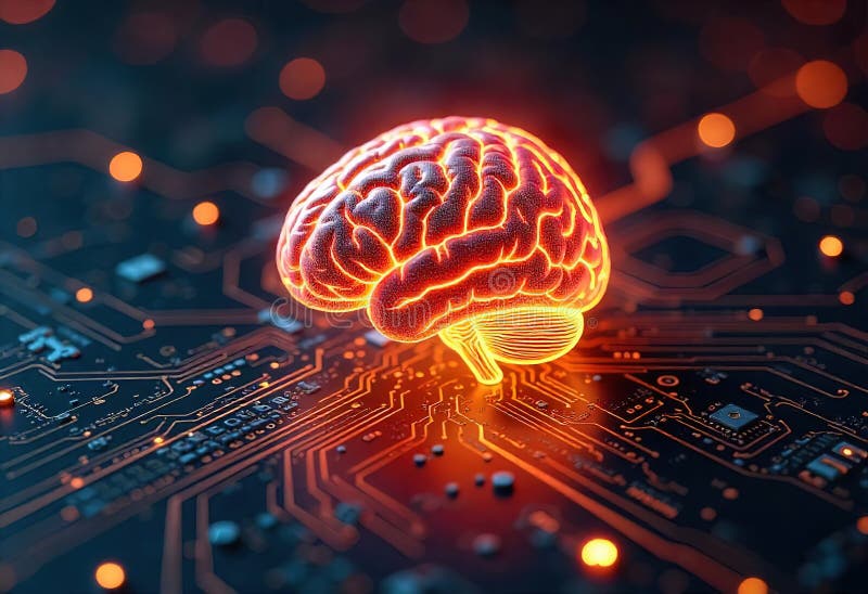 Luminous Brain Above Circuit Board, Glowing Orange Neural Network ...