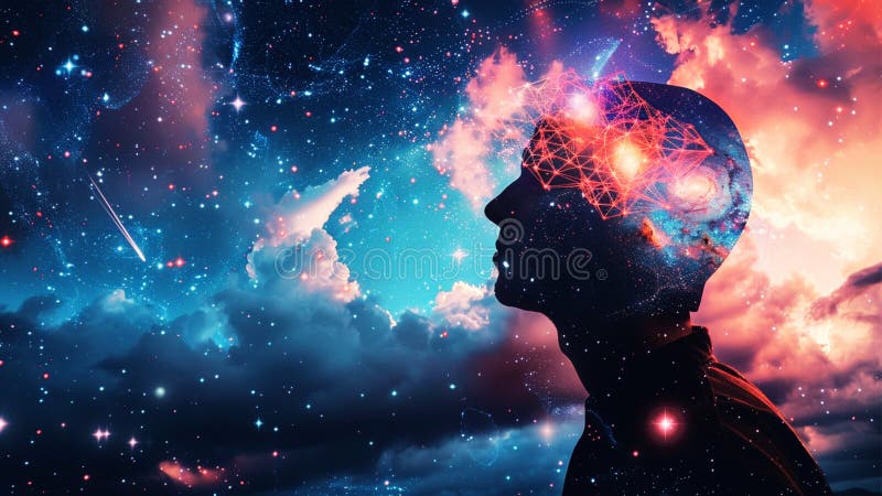 Luminous Brain With A Glowing Network Of Neurons And A Galaxy Inside A Person S Head Stock