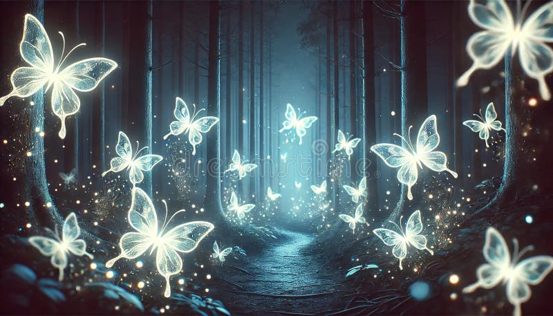 Luminous Butterflies Floating Over Forest Path Stock Illustration ...