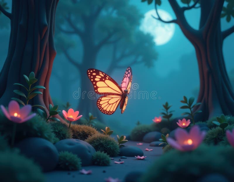 Luminous Butterfly in Enchanted Forest at Night Stock Illustration ...