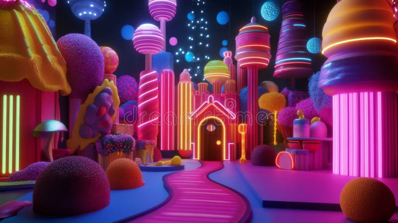 Luminous Candyland Fantasy Landscape at Night Stock Illustration ...