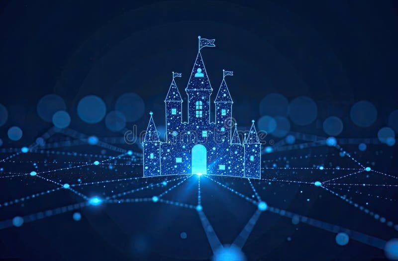 Digital Castle Surrounded by Glowing Network Connections in a Dark ...