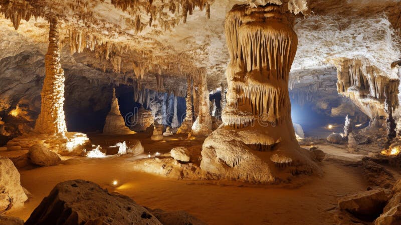 Luminous Cave Interior with Golden Stalagmites and Stalactites Stock ...