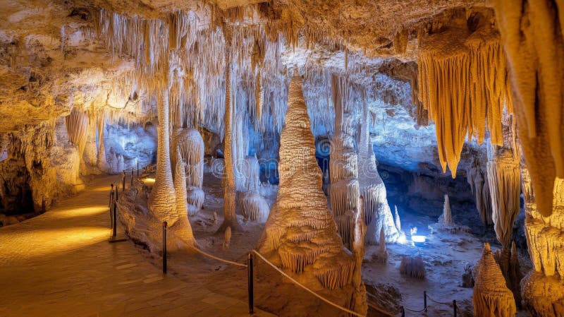 Luminous Cave Interior with Stalactite and Stalagmite Formations Stock ...