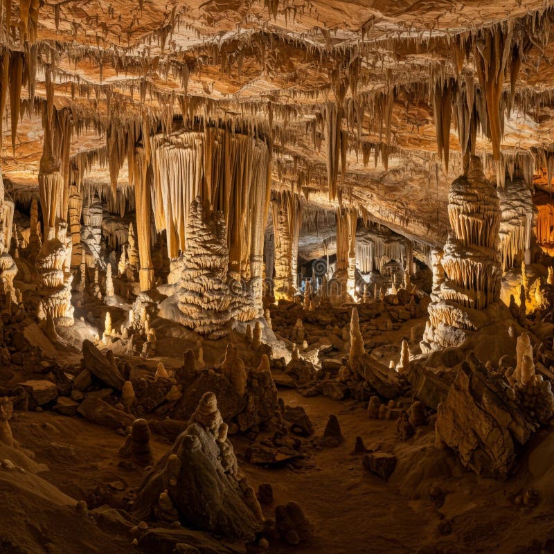 Luminous Cave Interior with Stalactite and Stalagmite Formations Stock ...