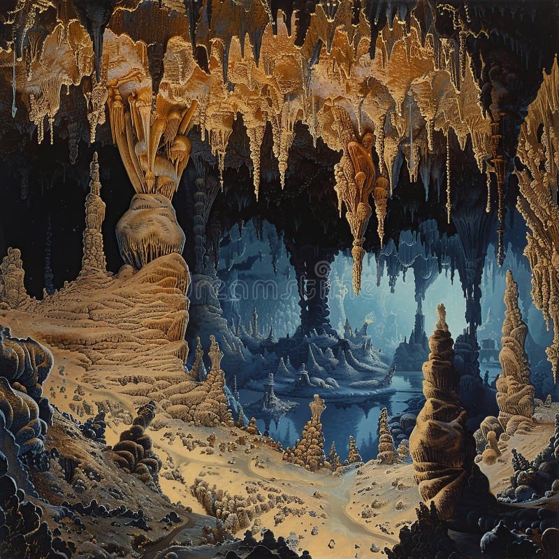 Luminous Cave Interior with Stalactites, Stalagmites, and a Sandy Path ...