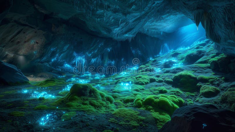 Luminous Cave with Moss and Light. Bioluminescent Lights and Moss in a ...