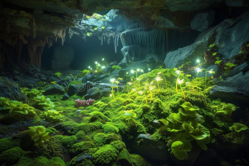 Luminous Cave with Moss and Light. Bioluminescent Lights and Moss in a ...
