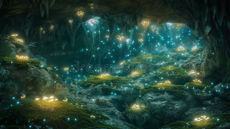 Luminous Cave with Moss and Light. Bioluminescent Lights and Moss in a ...