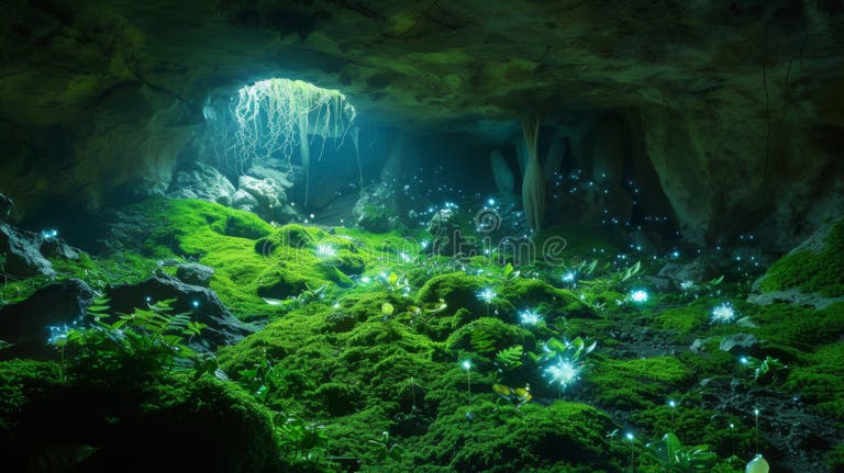 Luminous Cave with Moss and Light. Bioluminescent Lights and Moss in a ...