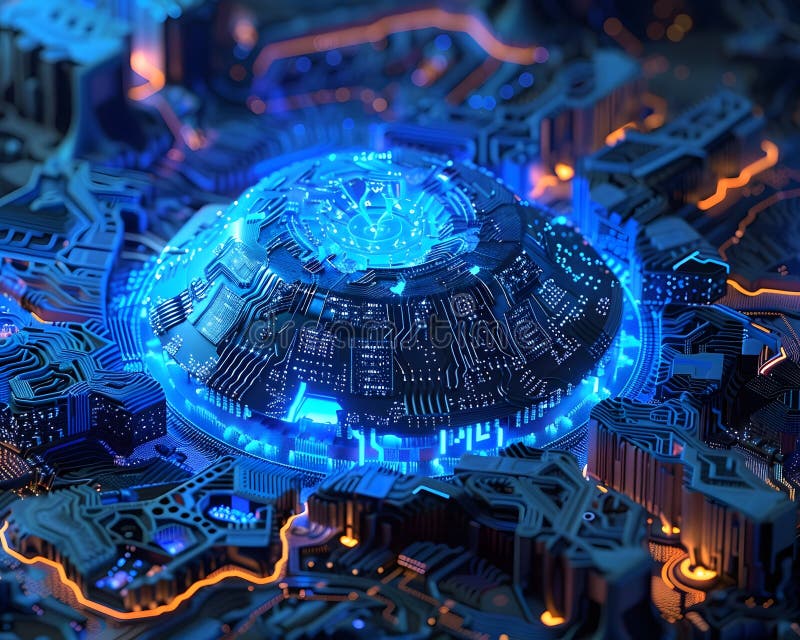 Luminous Chip Surrounded by Intricate Electronic Circuits Stock ...