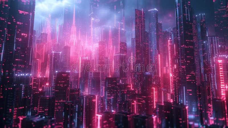A Luminous Cityscape with Neon Lights and Holographic Elements. Stock ...