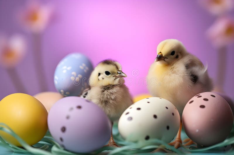 Luminous Colored Easter Eggs and Baby Chickens with Blurred Background ...