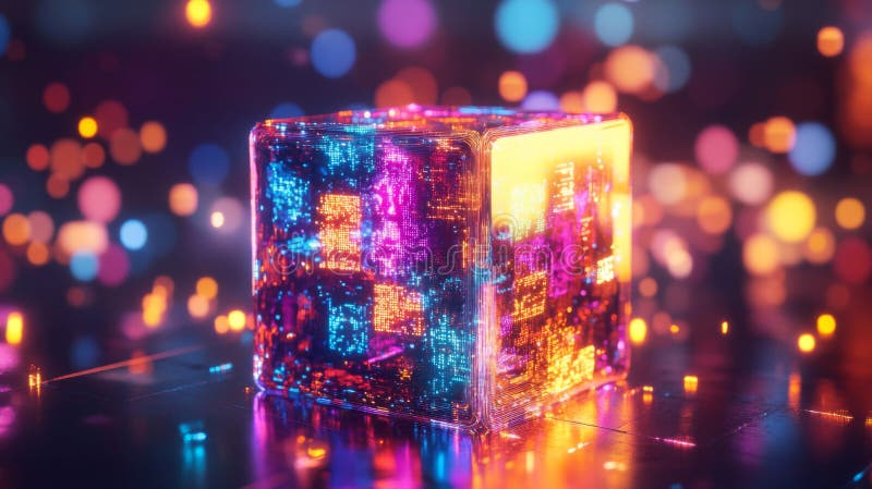 Luminous Colorful Cube with Bokeh Background Stock Illustration - Illustration of abstract ...
