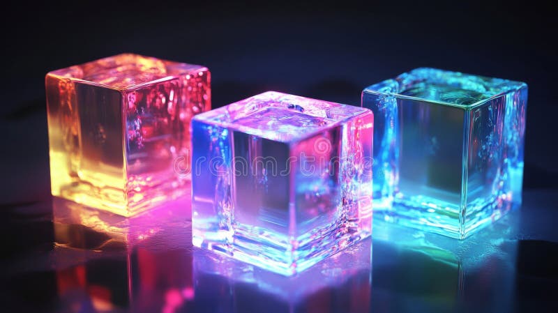 Luminous Colorful Glass Cubes on Reflective Surface Stock Illustration ...