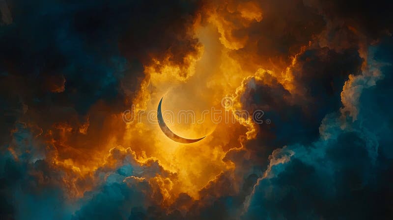 A Luminous Crescent Moon Set Against a Vivid Sky of Blue and Orange ...