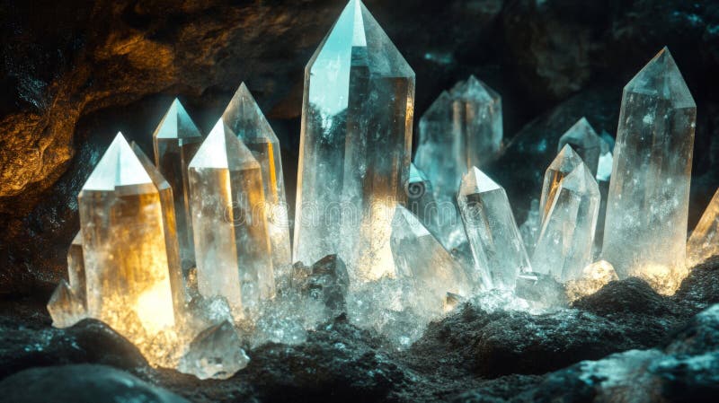 Luminous Crystal Cluster in Dark Cave Stock Illustration - Illustration ...