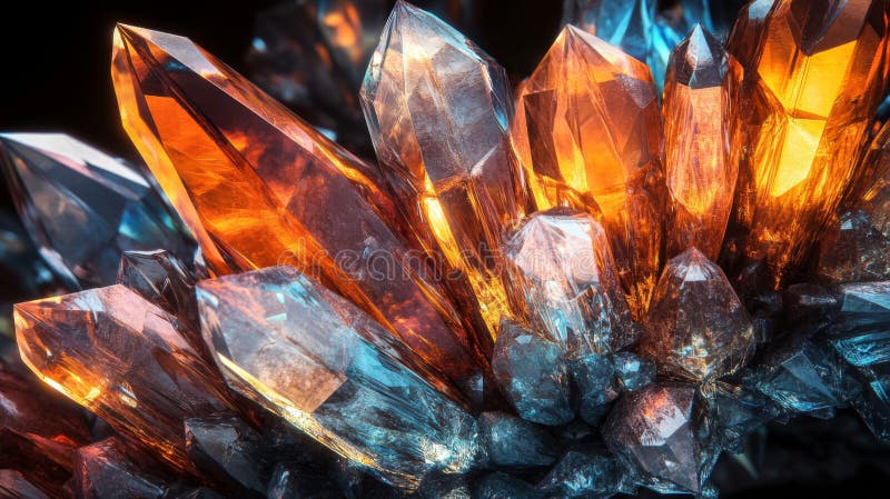 Luminous Crystal Cluster Glowing with Orange and Blue Hues Stock ...