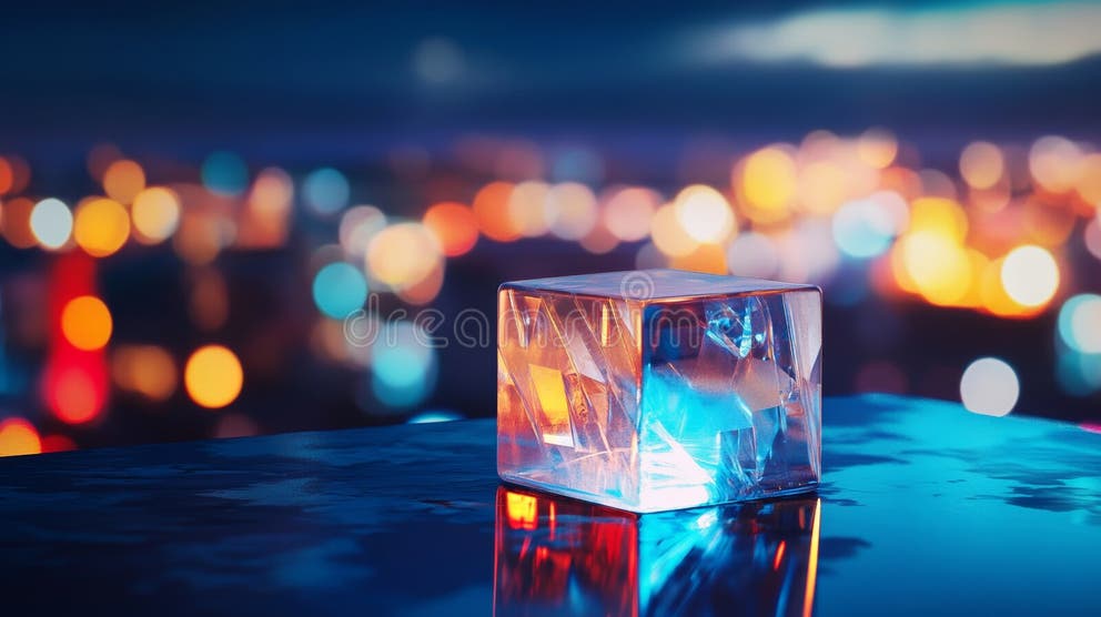 Luminous Crystal Cube on Reflective Surface with Blurred City Lights ...