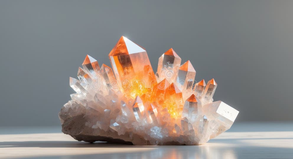 Luminous Crystal Formation with Orange Glowing Center and Reflective ...