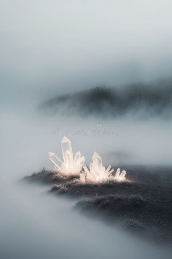 Luminous Crystal Formations Emerging from a Misty Landscape. Stock ...