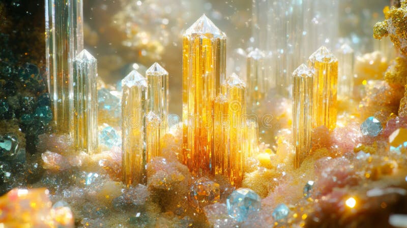 Luminous Crystal Formations Glowing in Golden Light Stock Illustration ...