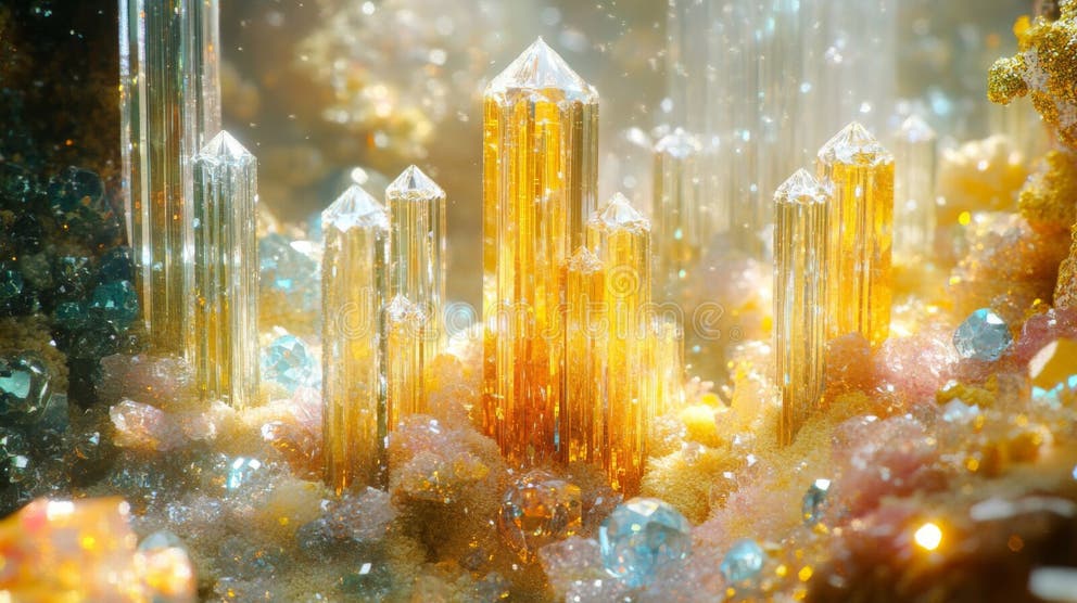 Luminous Crystal Formations Glowing in Golden Light Stock Illustration ...