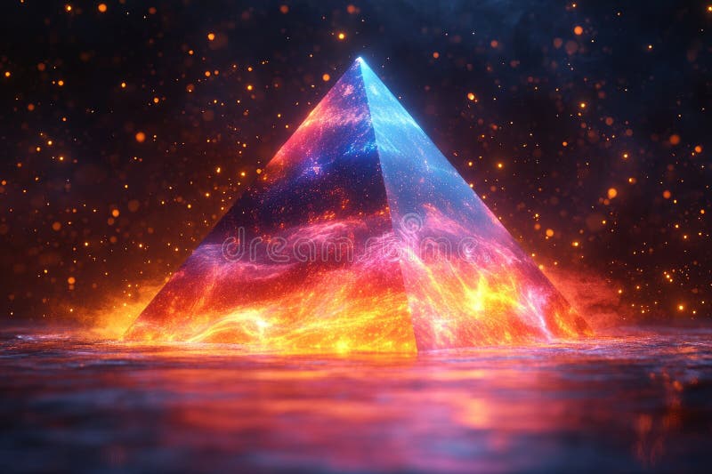 Luminous Crystal Pyramid Floating on a Fiery, Reflective Surface Stock ...
