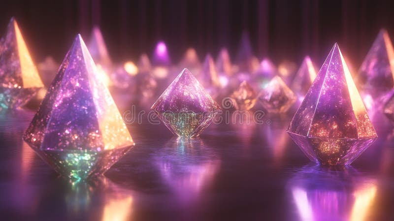Luminous Crystal Pyramids Glowing in Dark Ambiance Stock Illustration ...