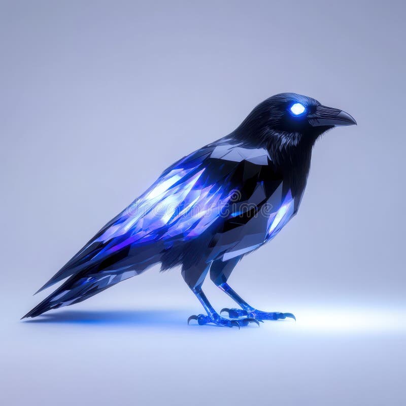 Luminous Crystal Raven with Glowing Blue Accents and Sharp Features ...