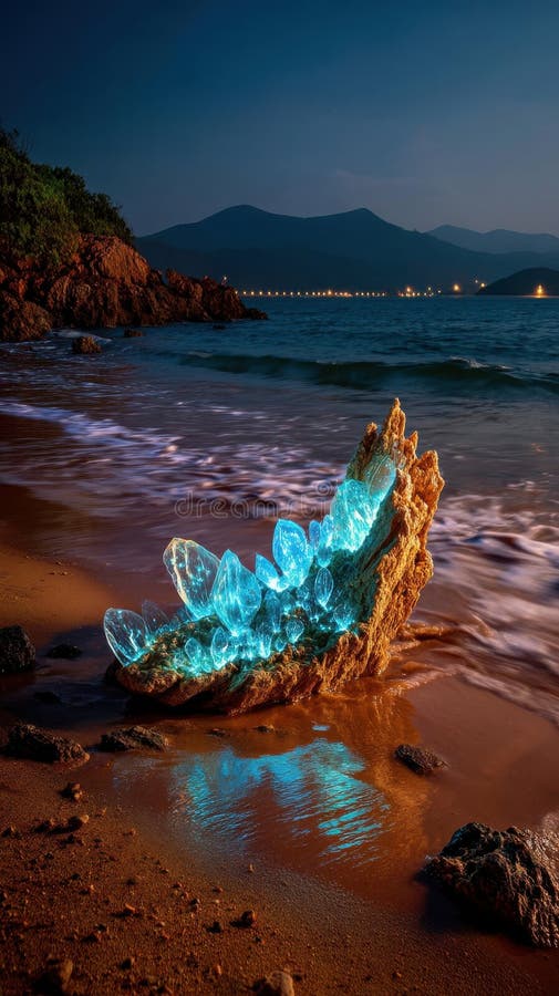 Luminous Crystals Growing on Shoreline Rocks in a Tranquil, Dark Beach ...
