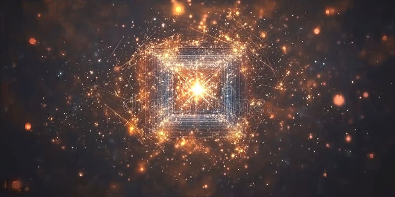 Luminous Cube Abstract 3D Render of Glowing Geometric Shape in Space with Sparkling Particles ...